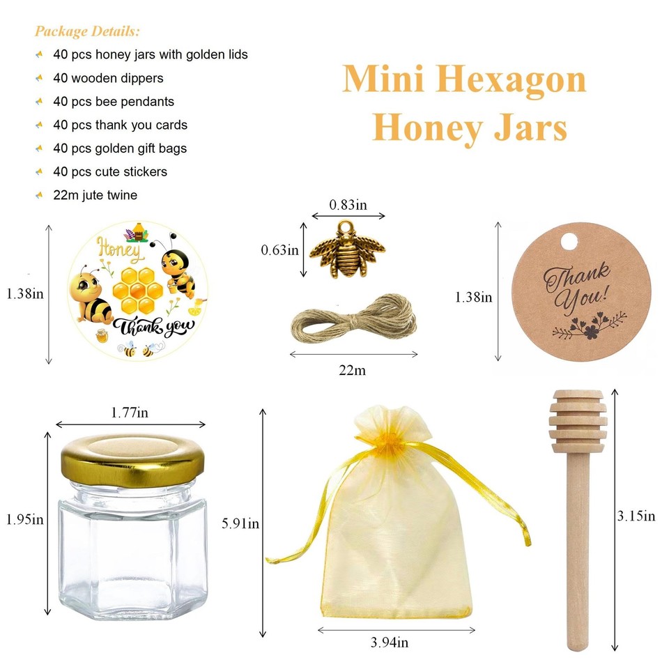 40 Pack Glass Honey Jars, 1.5 oz Hexagon Honey Pots with Lids, Dippers ...