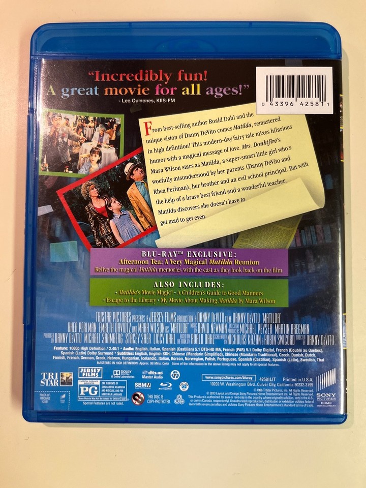 Matilda Blu-ray, 1996 Fairy Tale, Roald Dahl, Danny DeVito, Mara Wilson ...