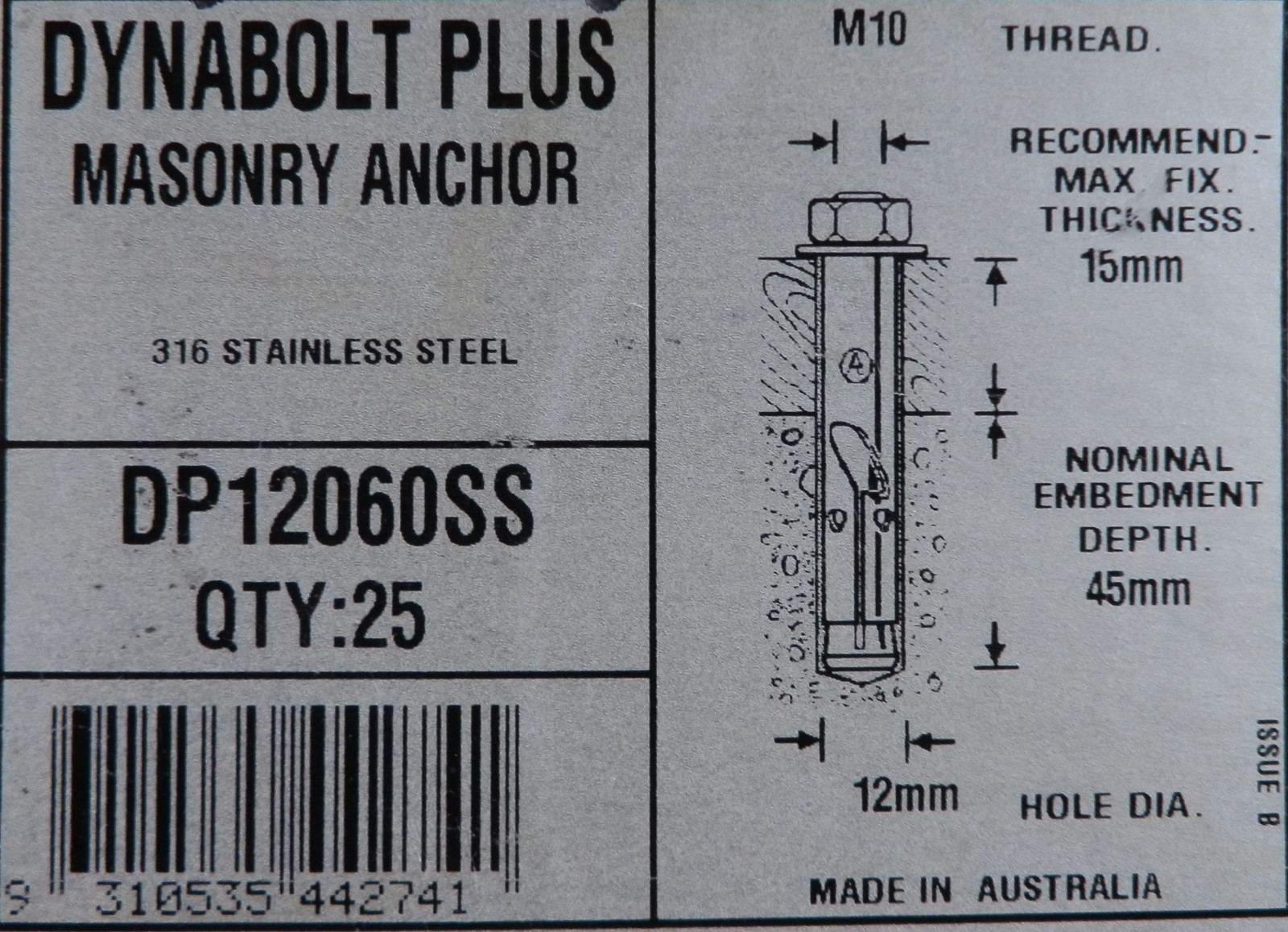 25x Ramset Dynabolt Plus 12 X 60mm 316 Stainless Loose Nut Masonry ...