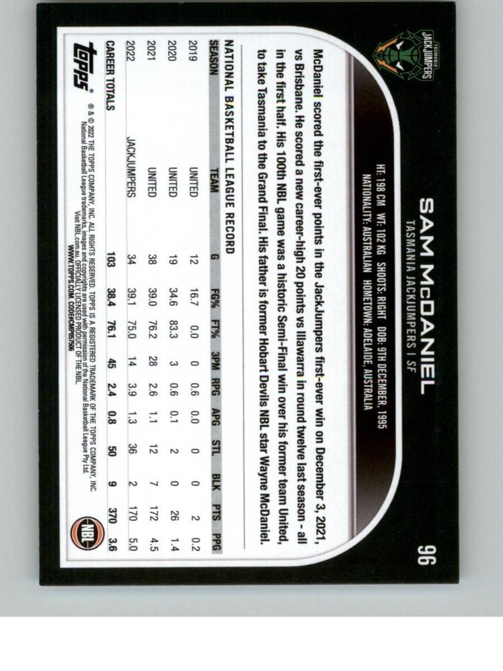 2022-23 Topps NBL Sam McDaniel #96 Tasmania JackJumpers | eBay