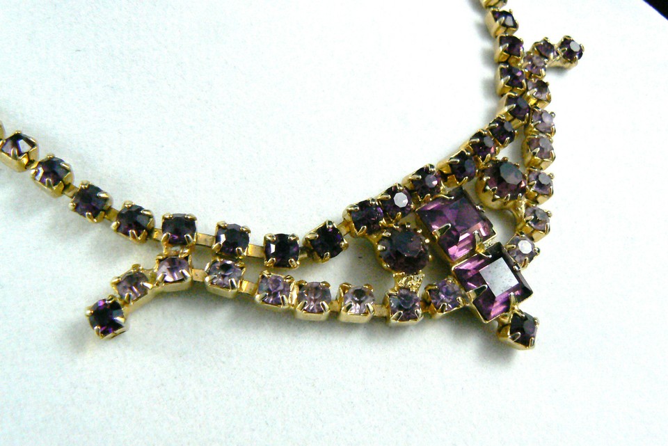 Purple Amethyst Color Crystal Rhinestones gold tone fashion Necklace 15 ...