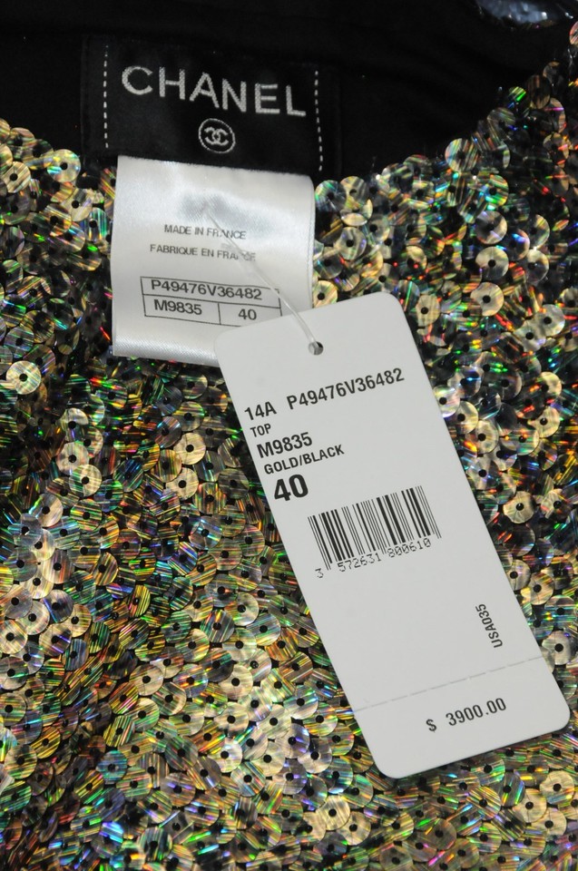 $3900 New Chanel Black Gold Sequined Holographic Top Blouse 38 40 For ...