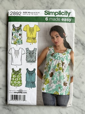 Simplicity 2892 Misses Tops w/Neckline Variations & Tie Belt SZ H5 6 ...