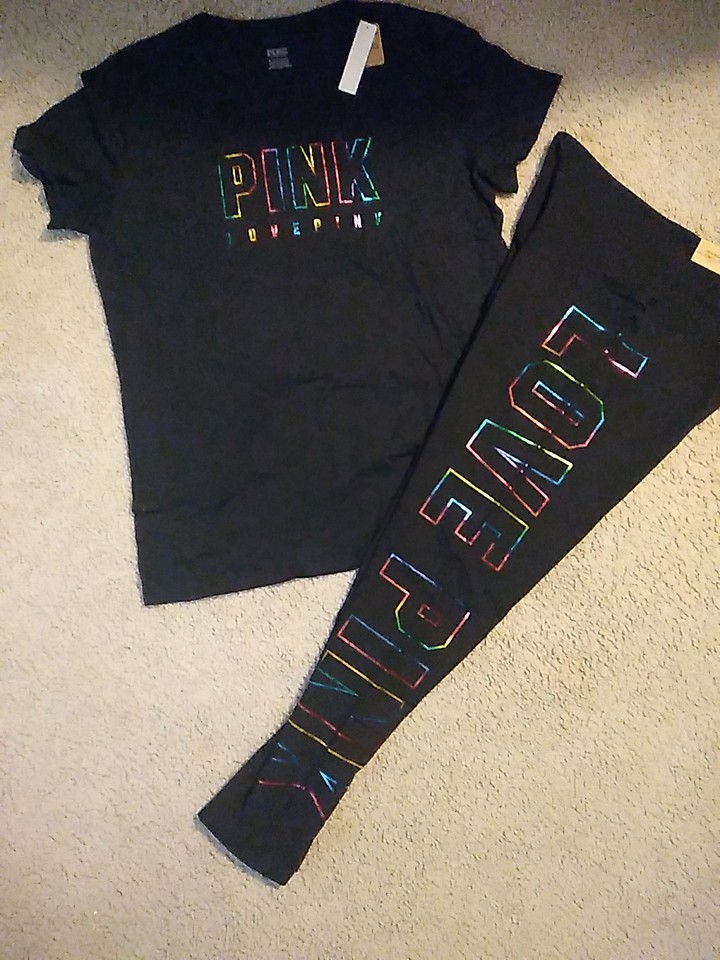 Victoria's Secret Pink Rainbow Metallic Logo Tee + Leggings Set XL Htf ...
