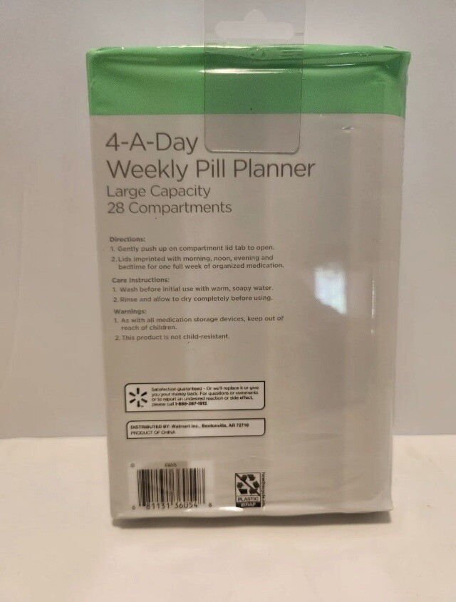 Equate 4-A-Day Weekly Pill Container NEW in Pack Large Pill Capacity ...