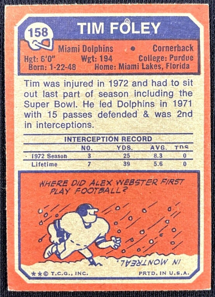 1973 Topps (ROOKIE CARD) Tim Foley #158 - EXCELLENT Cond | eBay