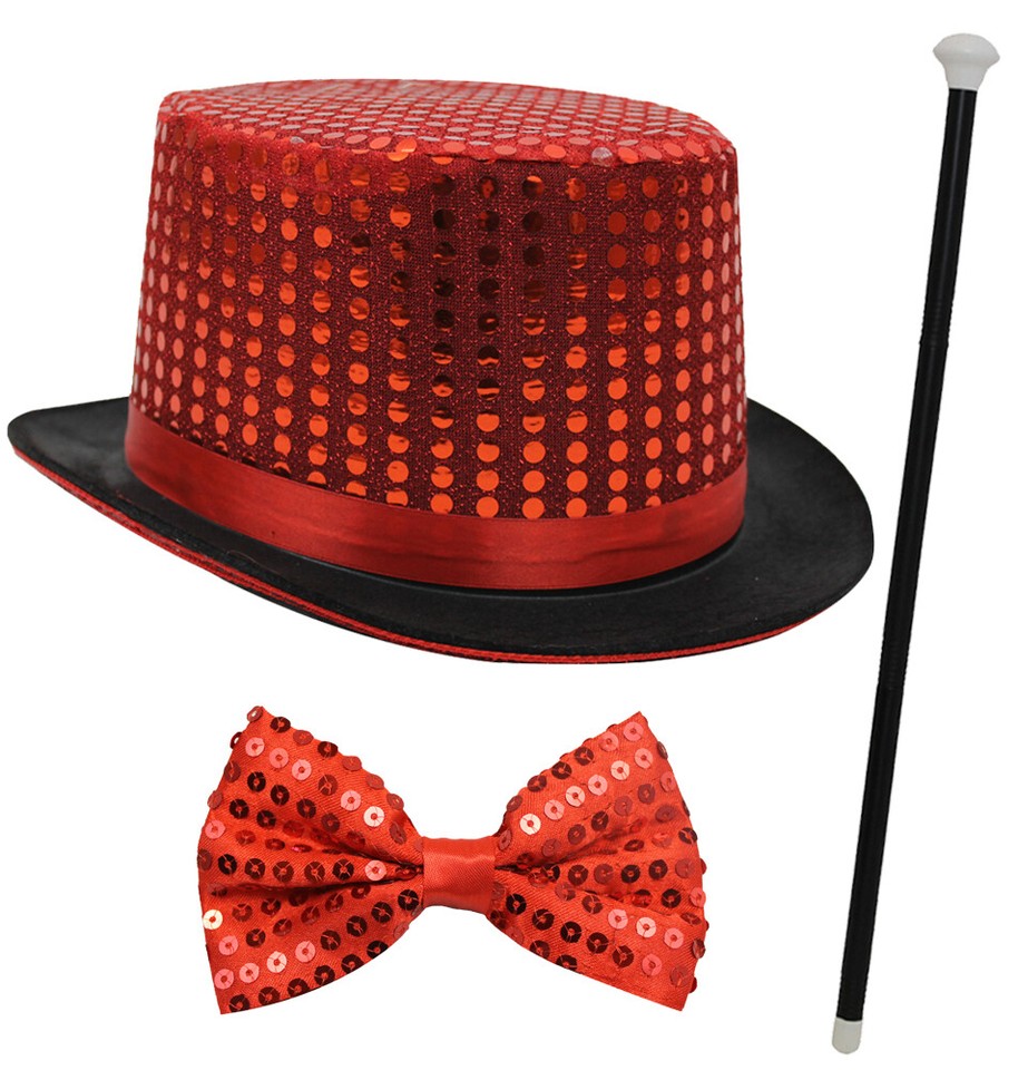 RED SEQUIN TOP HAT DANCE CANE BOW TIE FANCY DRESS RINGMASTER CABARET ...