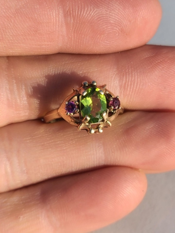 10k Solid Yellow Gold Natural Green Tourmaline & Rhodolite Garnet Gem ...