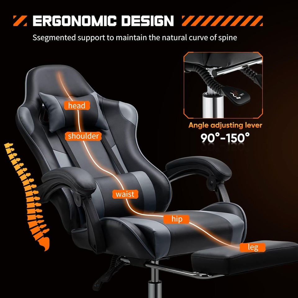 Luxury Gaming Chair PU Leather Ergonomic Reclining Chair w/ Wheels and ...