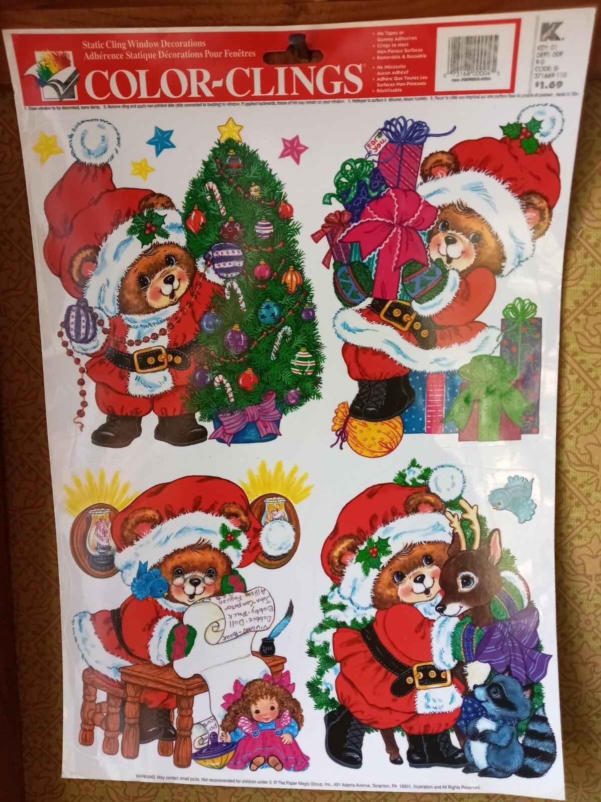 VTG Christmas Xmas Kmart Teddy Bears Santa Toys Window Color Clings | eBay