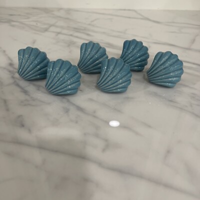 5 - Blue Clam Scallop Shell Ceramic 2” Drawer Pulls Beach Nautical ...