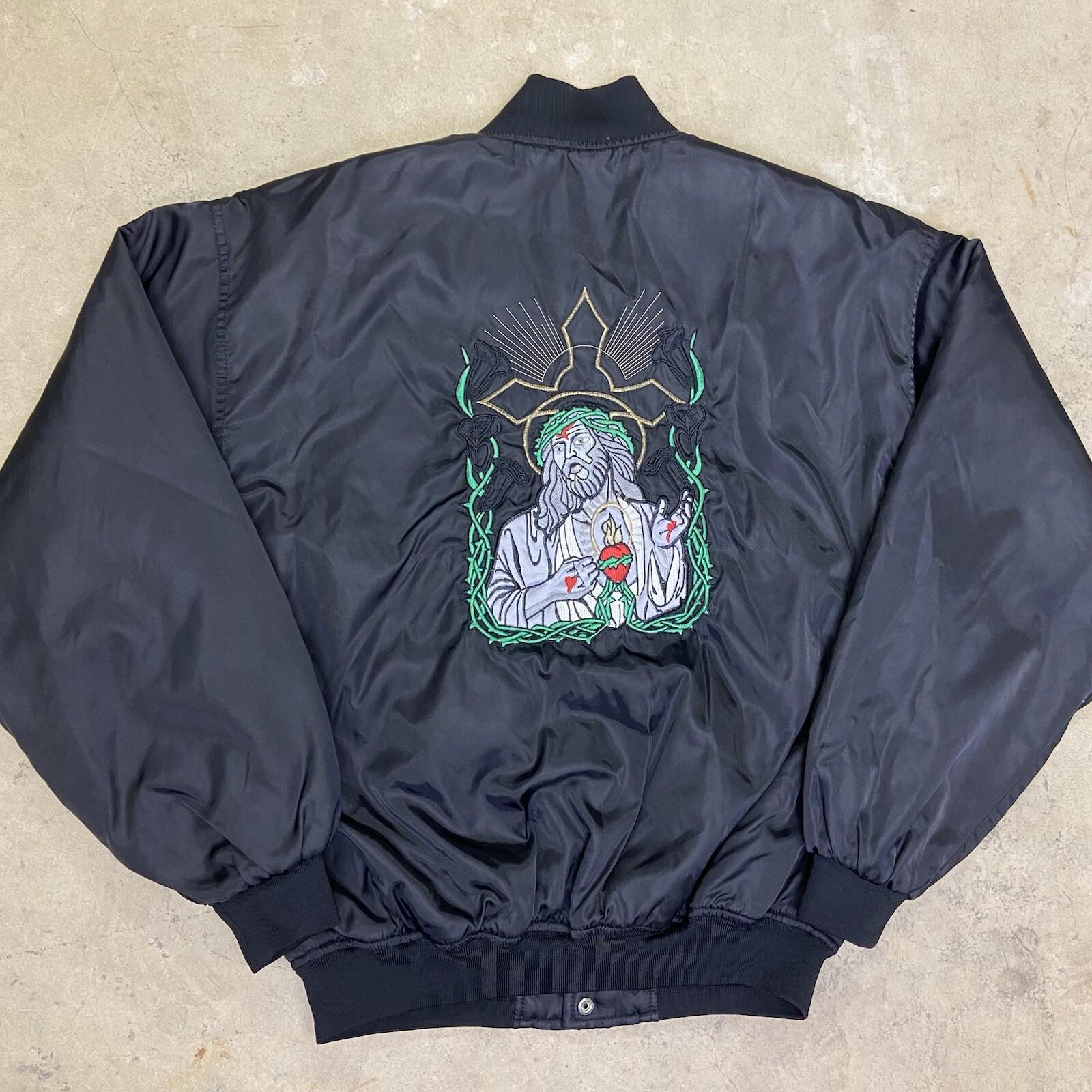 Vintage 90s Azteca Jesus Christ Satin Bomber Jacket … - Gem