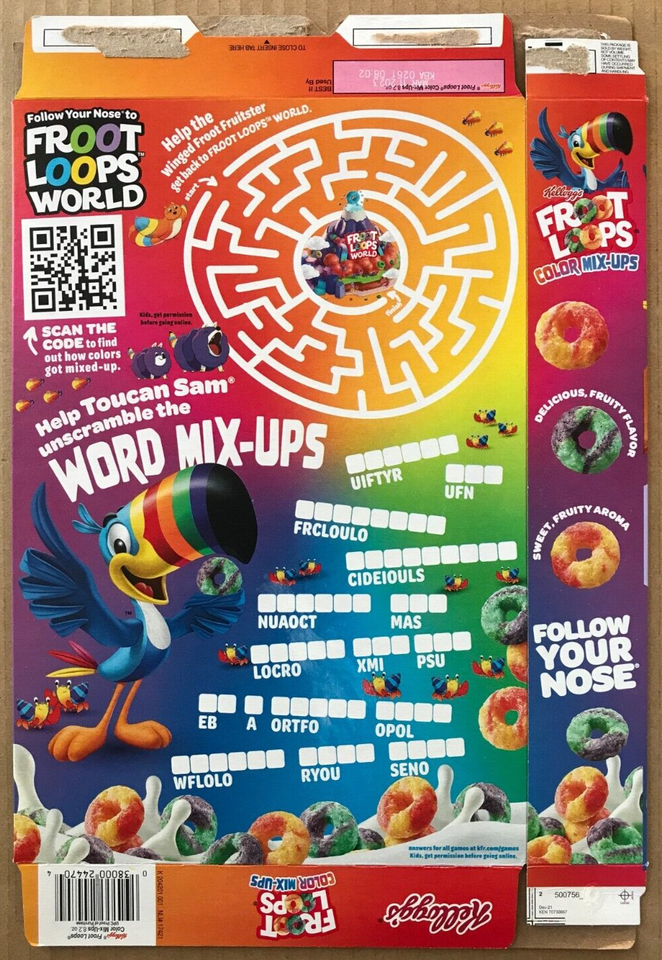 EMPTY Kellogg's Froot Loops NEW Color Mix-Ups Cereal Box Toucan Sam ...