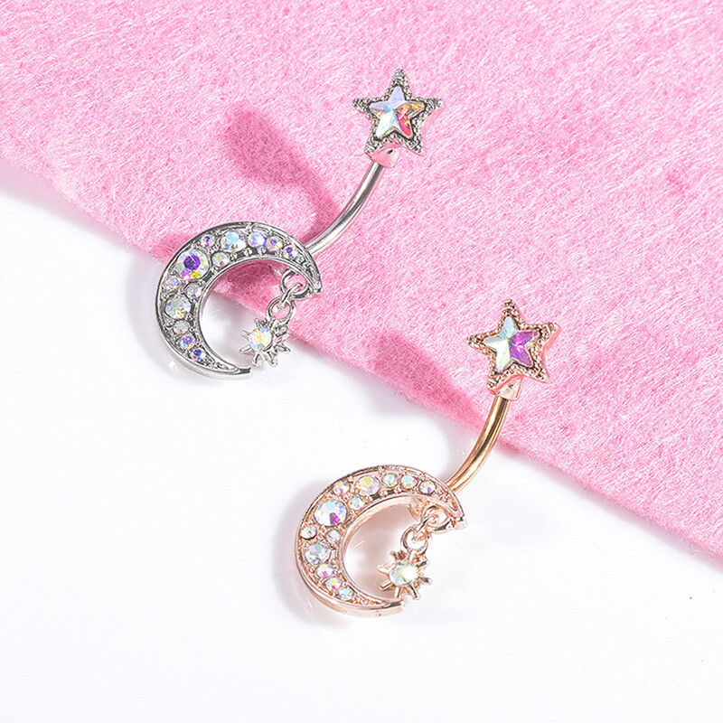 Navel Belly Button Rings Bar Crystal Moon Star Dangle Body Piercing ...