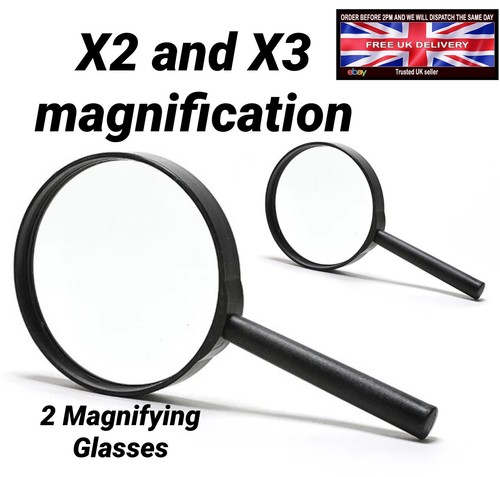 2 MAGNIFYING GLASS SET LARGE SMALL MAGNIFIER GLASS LENS HANDHELD 88mm ...
