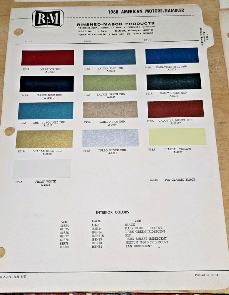 AMERICAN MOTORS RAMBLER EXTERIOR PAINT CHIP COLOR CHART R-M 1966 1967 ...