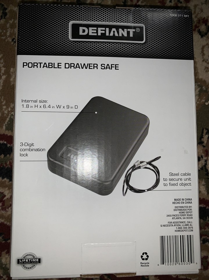 Defiant Portable Drawer Safe 3 Digit Combo Lock W/ Steel Cable To ...