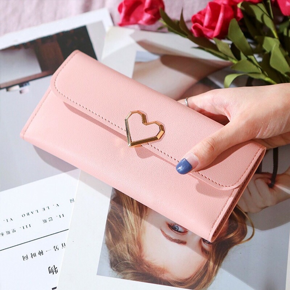 Womens Lady Heart-Shaped Metal Badge Pocket Synthetic Leather Bifold ...