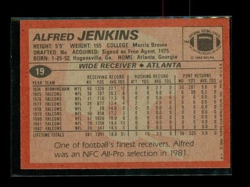 Vintage 1983 TOPPS Football Trading Card #19 ALFRED JENKINS Atlanta ...