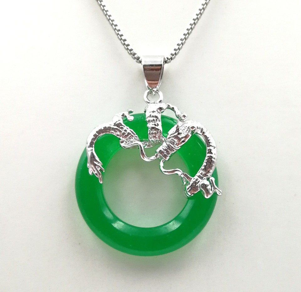 Multicolor Real Jade 18KGP Dragon Coil Round Circle Donut Luck Pendant Necklace | eBay