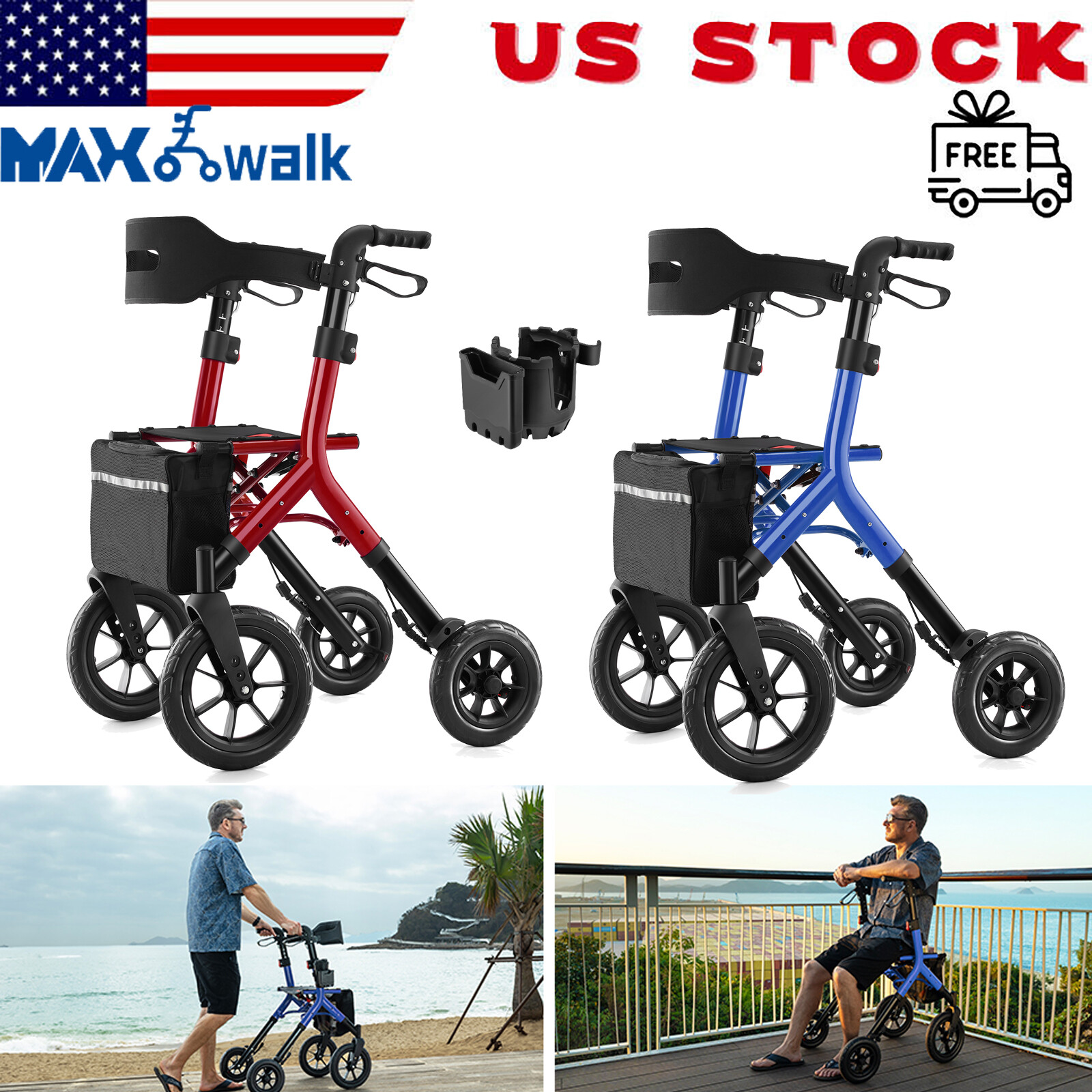 MAXWALK Rollator Walker 12"Wheels Folding Mesh Backrest Adjustable ...