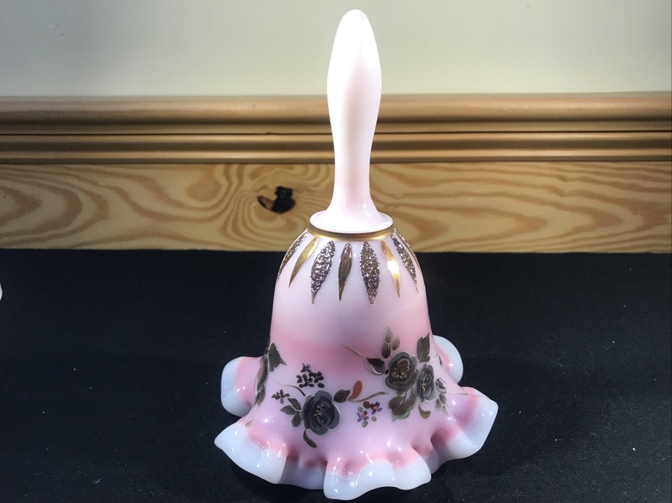 Fenton Barbie Pink Gold Roses Designer Bell #27 LE Hand Painted Artist ...