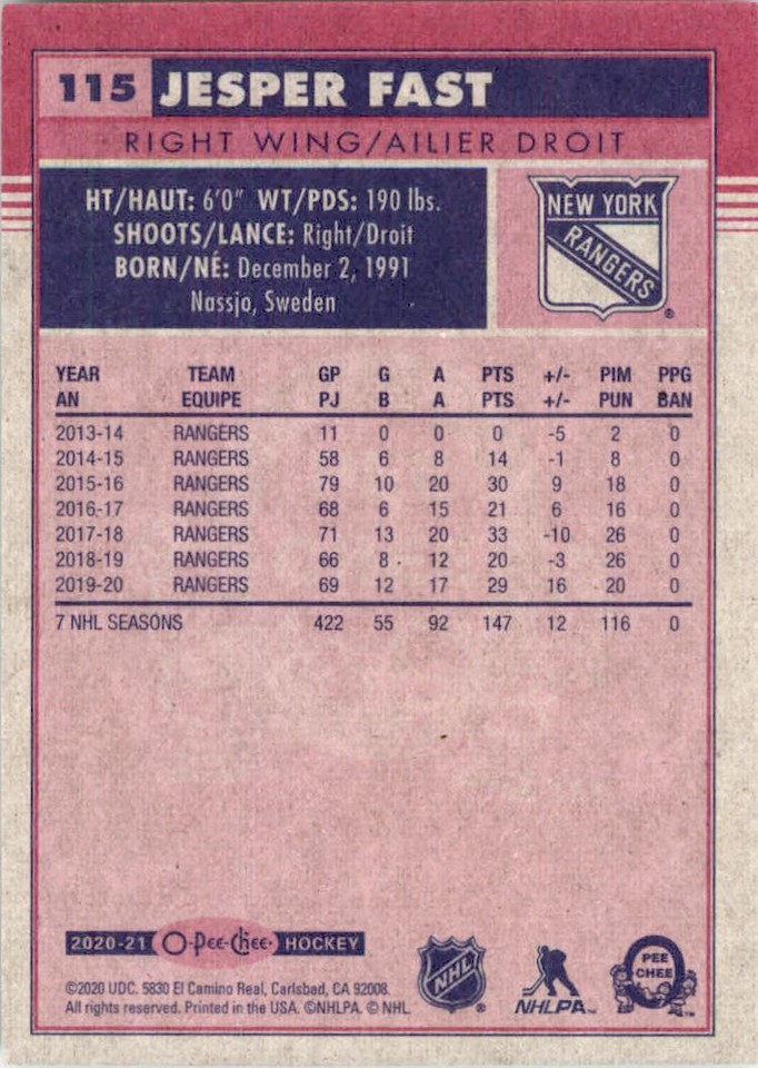 2020-21 O-Pee-Chee Retro #115 Jesper Fast | eBay