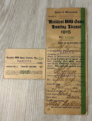 1 Vintage 1915 Minnesota Resident Big Game Hunting License | eBay