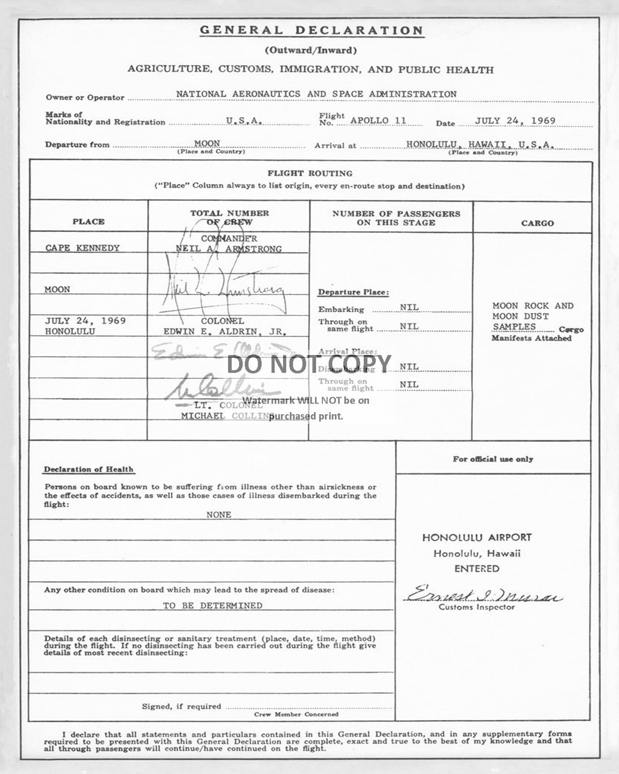 U.S. CUSTOM FORM FILLED OUT BY APOLLO 11 ASTRONAUTS - 8X10 NASA PHOTO ...