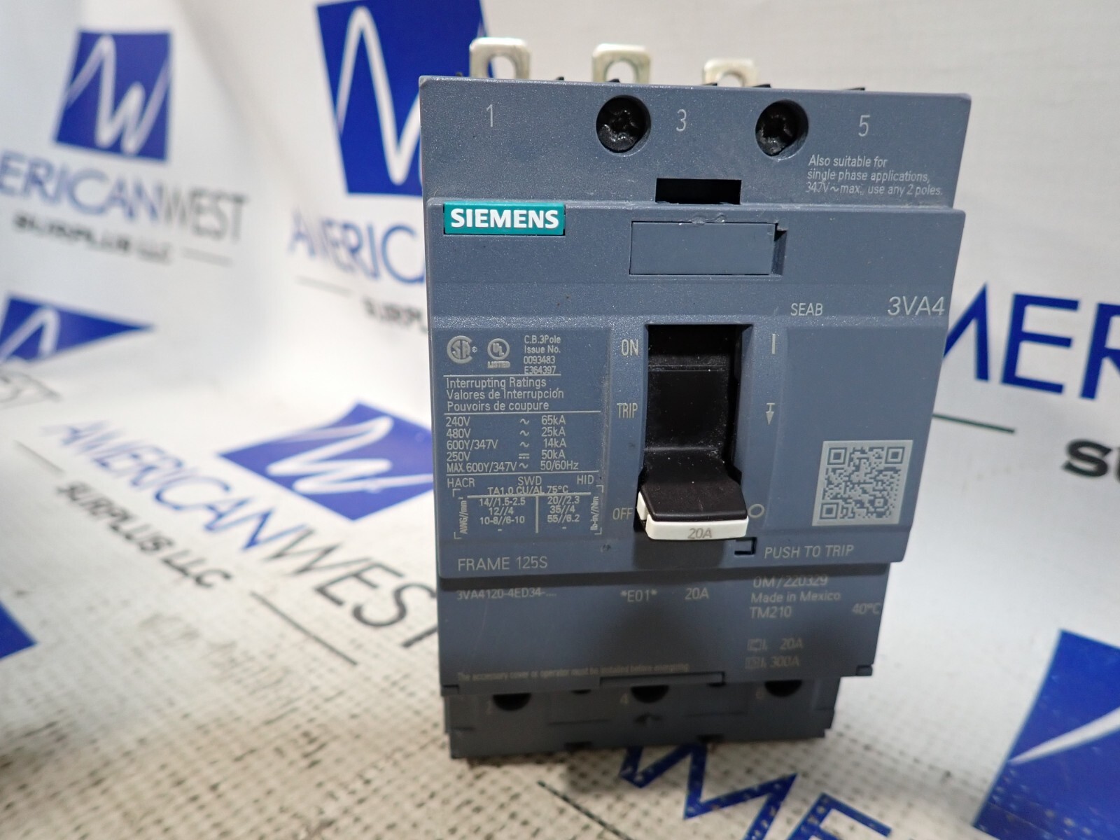 SIEMENS 3VA4120-4ED34-0AA0 125S 3VA4 20 AMP 3P 25kA@480V CIRCUIT ...