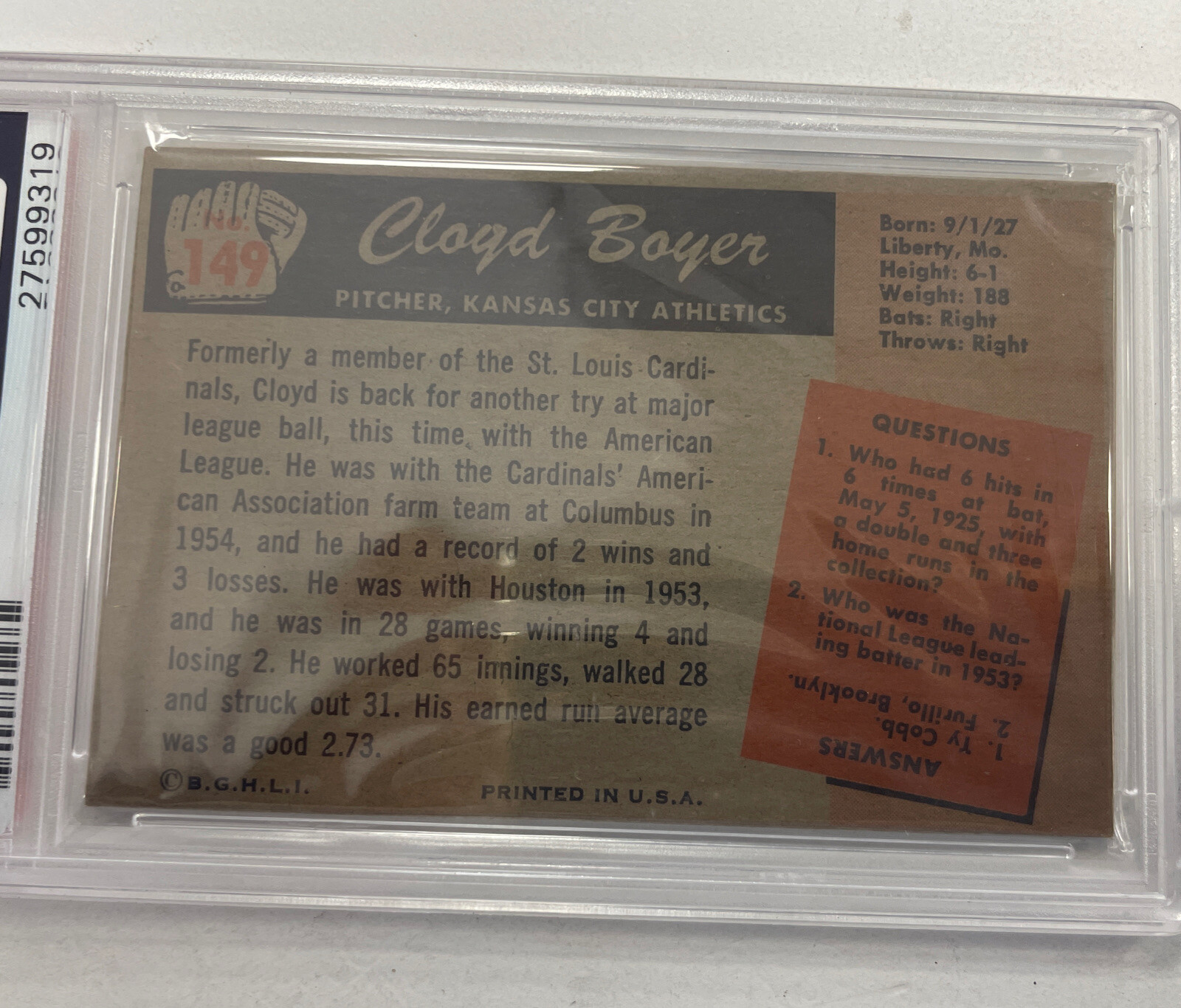 1955 Bowman Color Tv Cloyd Boyer Kansas City Athletics #149 PSA EX+ 5.5 ...