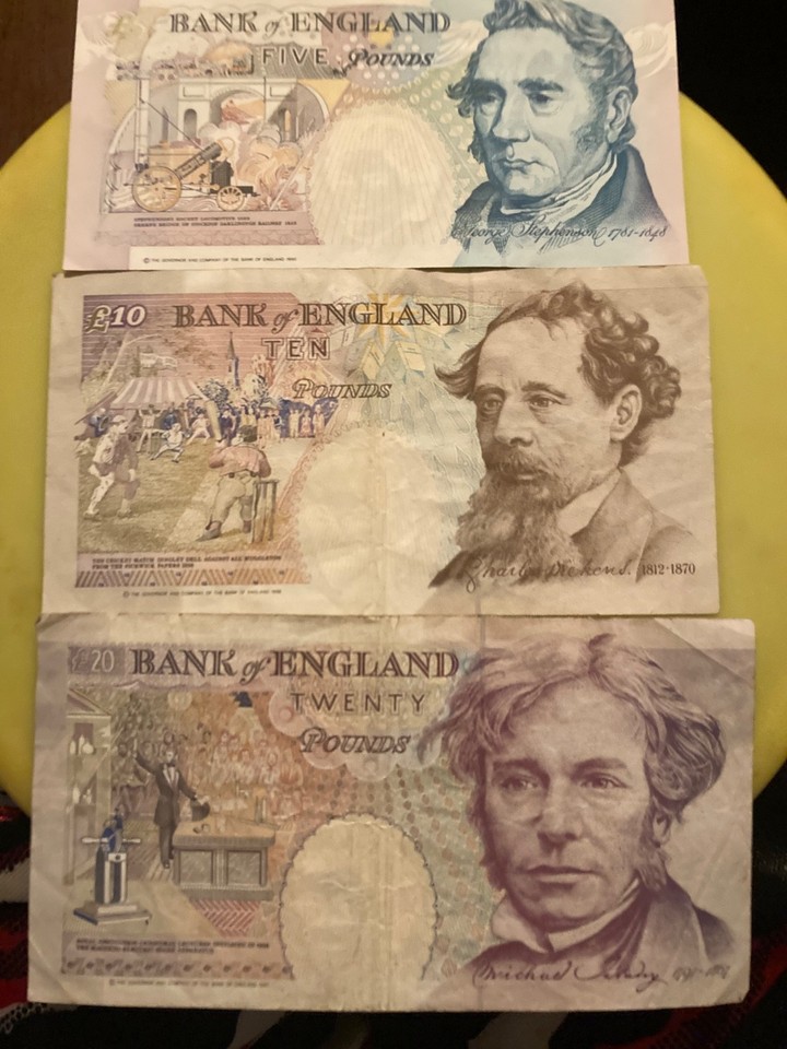 Lot of 3 Bank of England Notes of 5, 10 and 20 Pounds U.K. Queen ...