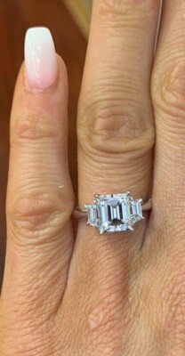 Platinum & Rectangular Step Cut Diamond 3 Stone Ring 2.76 Tcw. GIA F ...