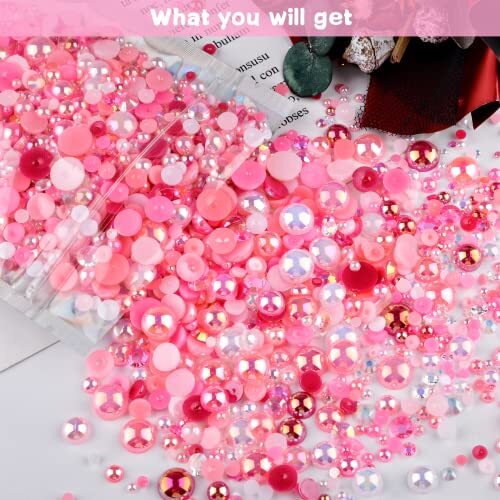 75g Mix Resin Pearls Rhinestones Kit, 3-10mm Half Pearls and 2-6mm Pink ...