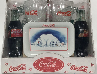 Vintage Coca Cola Gift Set 2 Glasses & 2 Coke Bottles w Metal Tray 1997 ...