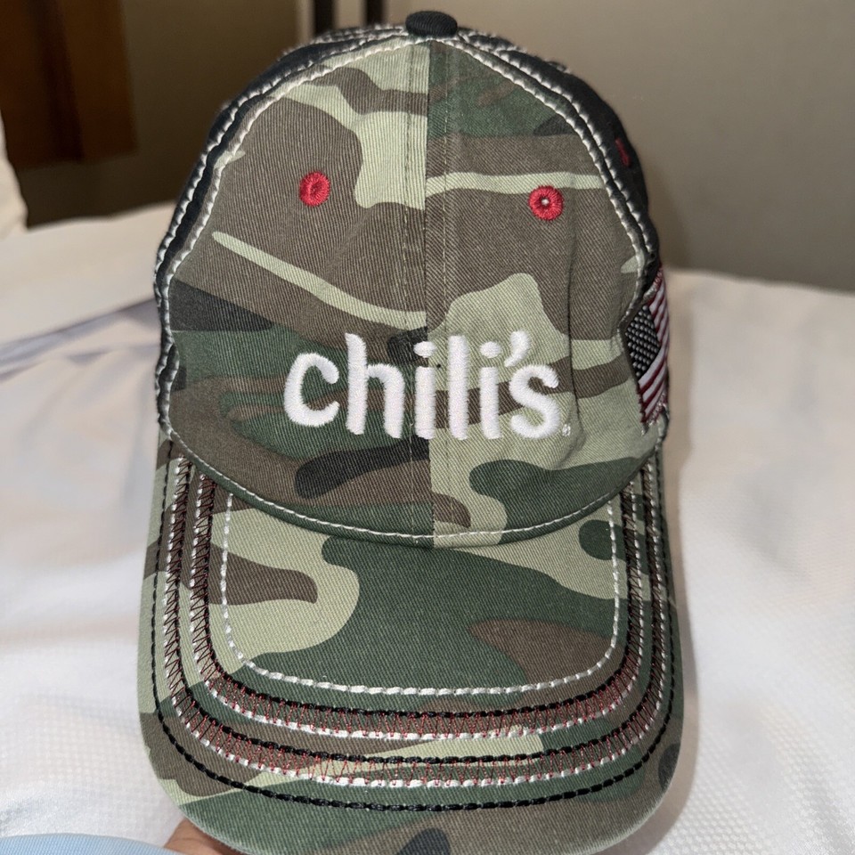 Chili’s Camouflage Hat Cap with Black Red White & USA Flag Hook Loop ...