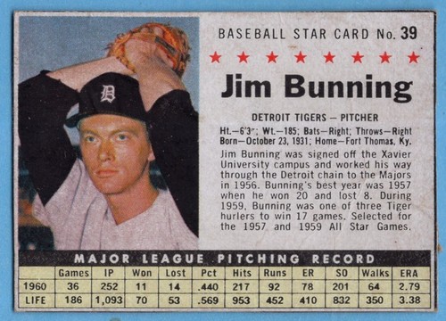 1961 Post #39B Jim Bunning BOX GOOD+ CREASE Detroit Tigers Hall of Fame ...