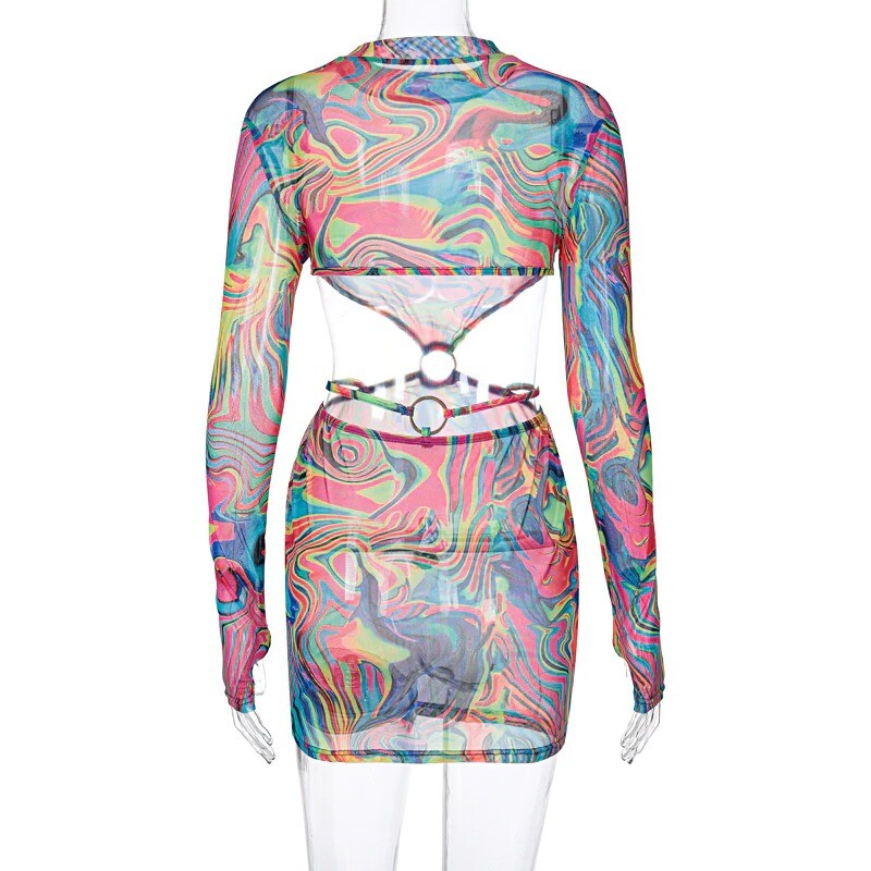 Sexy Rainbow Sheer Mini Dress Summer Backless Long Sleeve Hollow Out ...