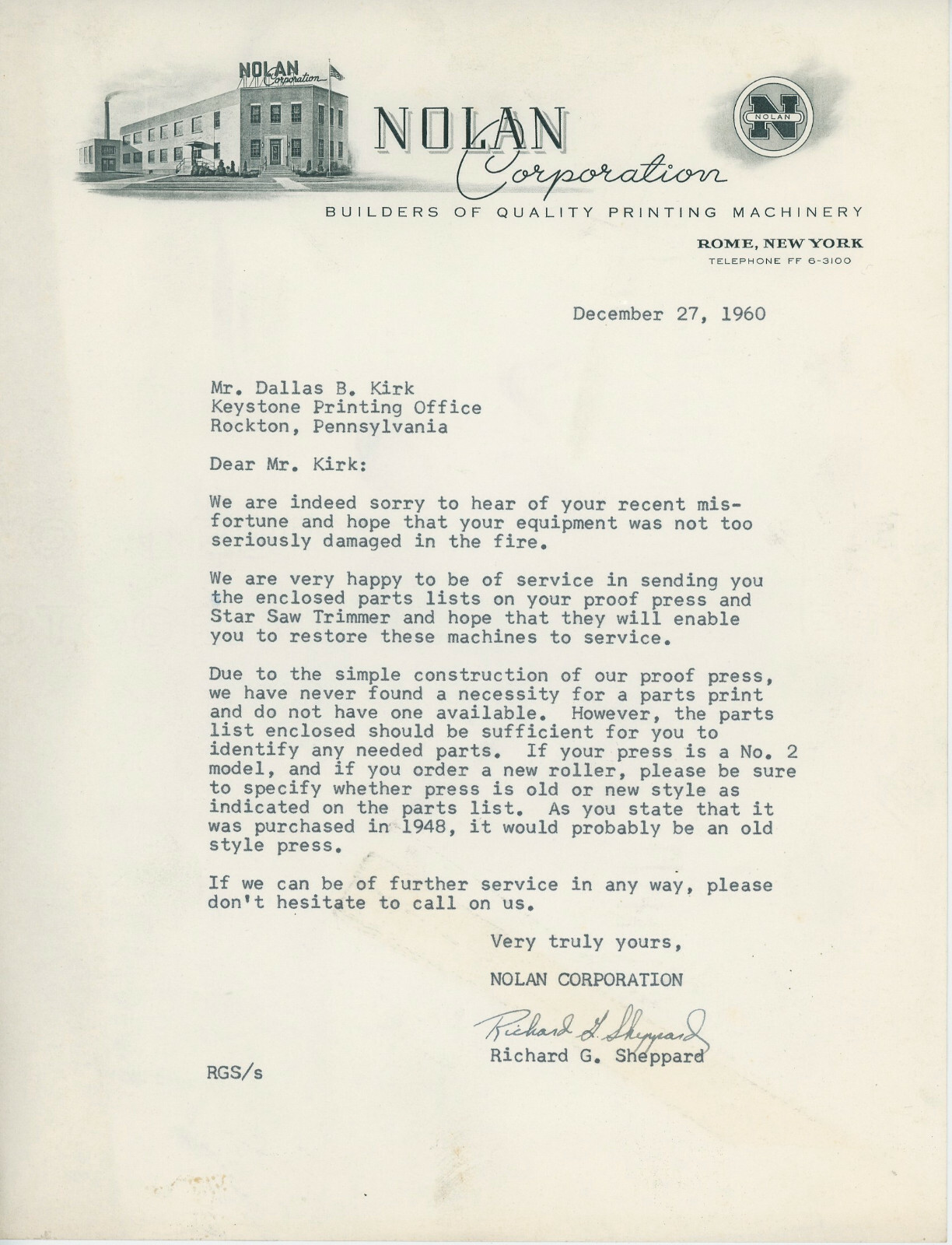 1960 Nolan Corporation Letterhead Rome New York NY Printing Machinery ...