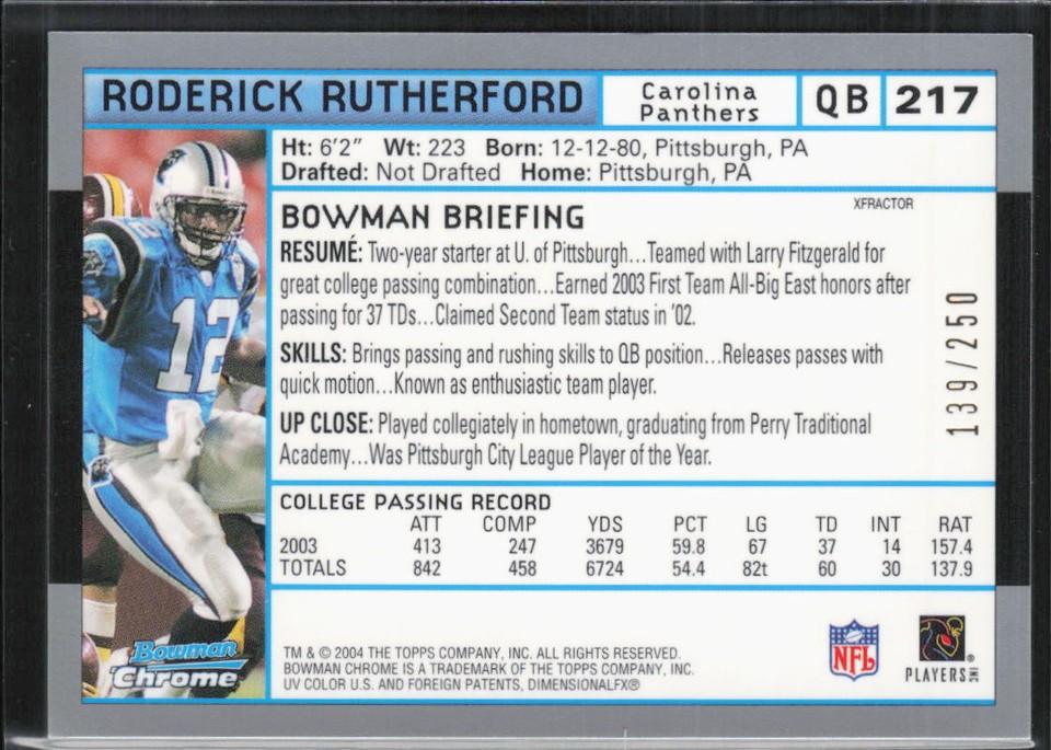 2004 Bowman Chrome #217 Rod Rutherford Xfractors #/250 Carolina ...