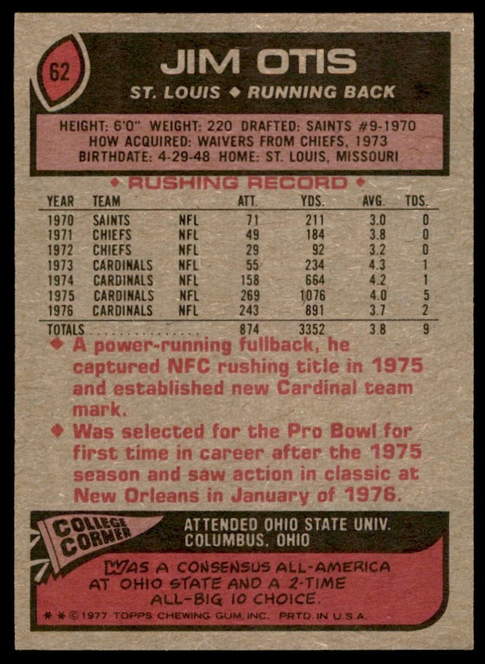 1977 Topps Jim Otis Football Card St. Louis Cardinals #62 | eBay