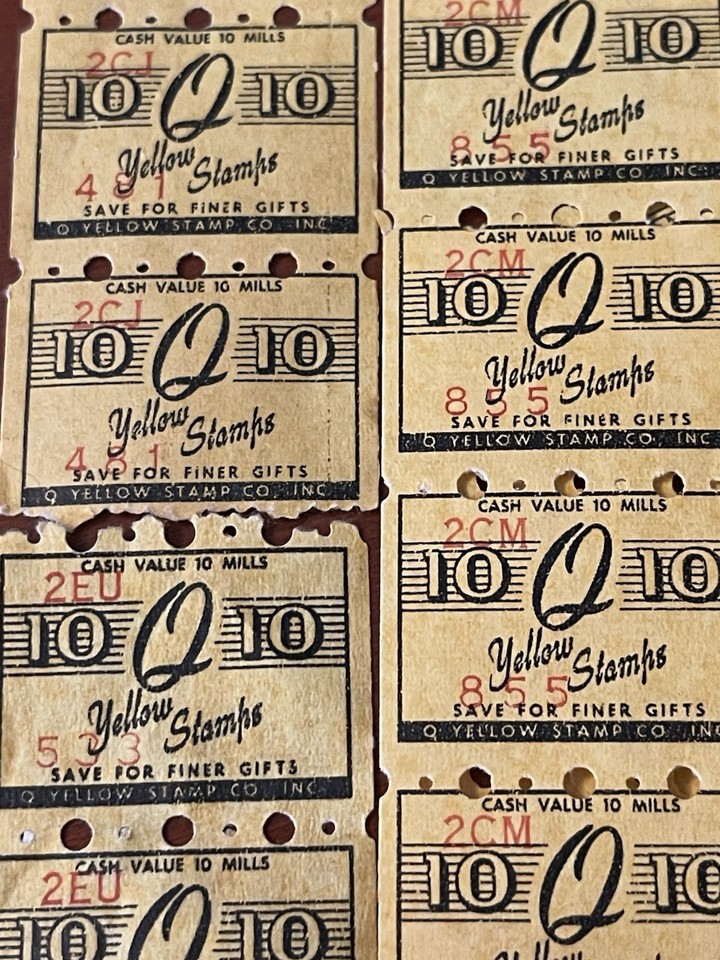 Yellow Q grocery store, trading stamps, mid-century, 90 Ones, 66 Tens ...