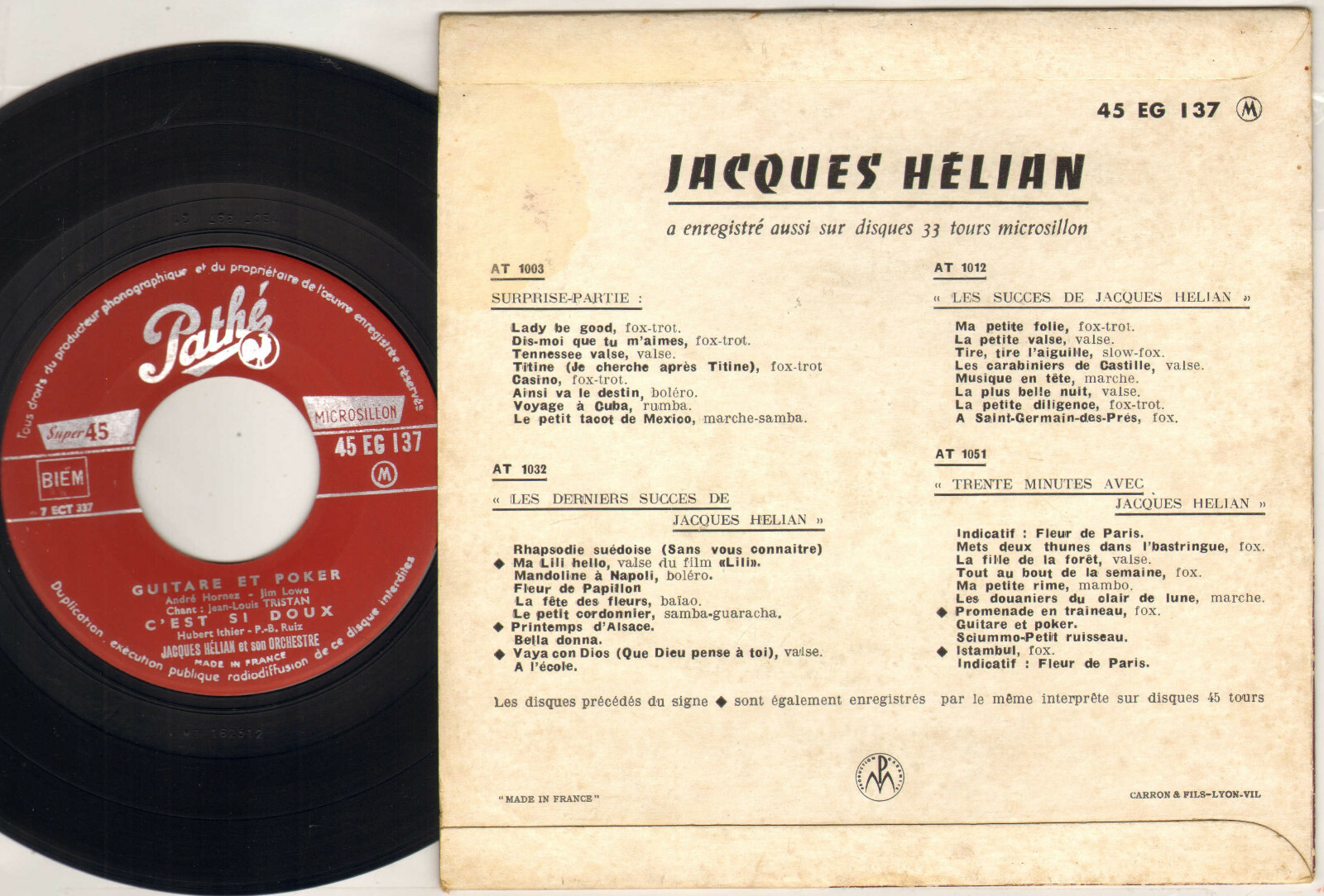 JACQUES HELIAN "GUITARE ET POKER" EP 1955 PATHE EG 137 | eBay