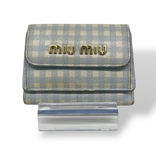 Miu Miu Tri-fold Wallet Gingham Check Light Blue No Box | eBay
