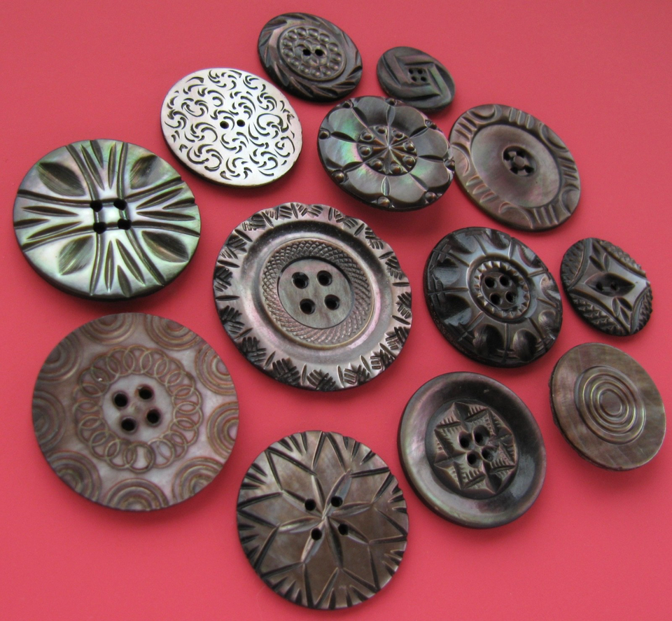 Striking Vintage Antique Carved Smoky Shell Buttons Lot of 13 Different ...