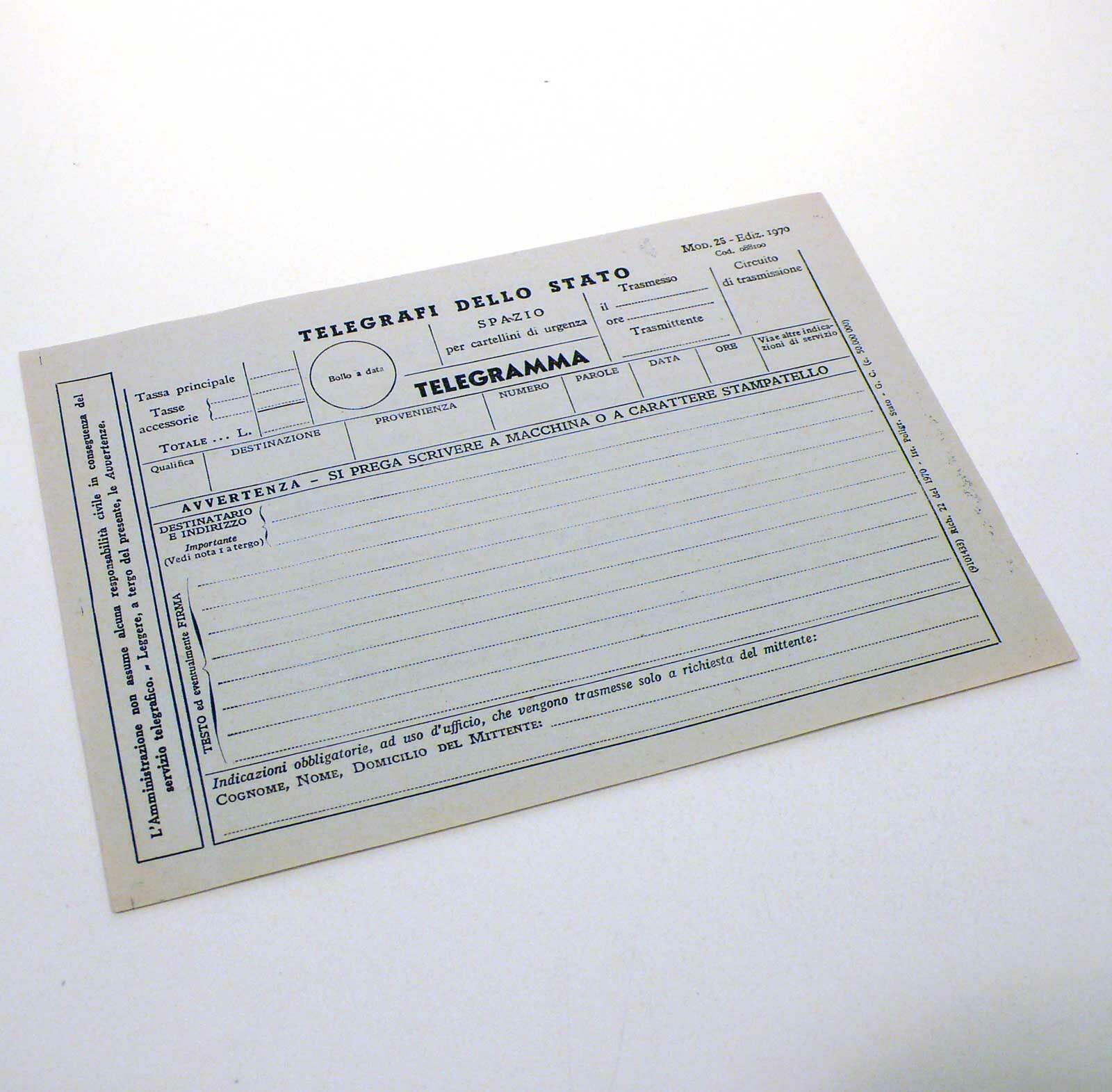 TELEGRAFI DELLO STATO TELEGRAMMA MODELLO 25 EDIZIONE 1970 L1850S22 | eBay