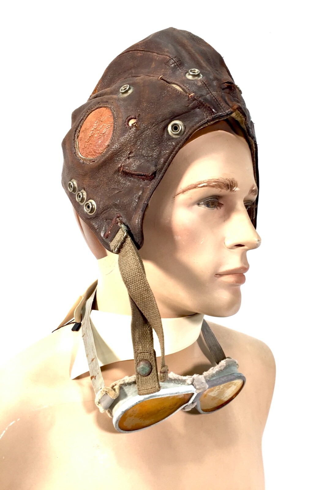 Antique 1940s Brown Leather Flying Cap & Goggles / Car Racing / RAF ...