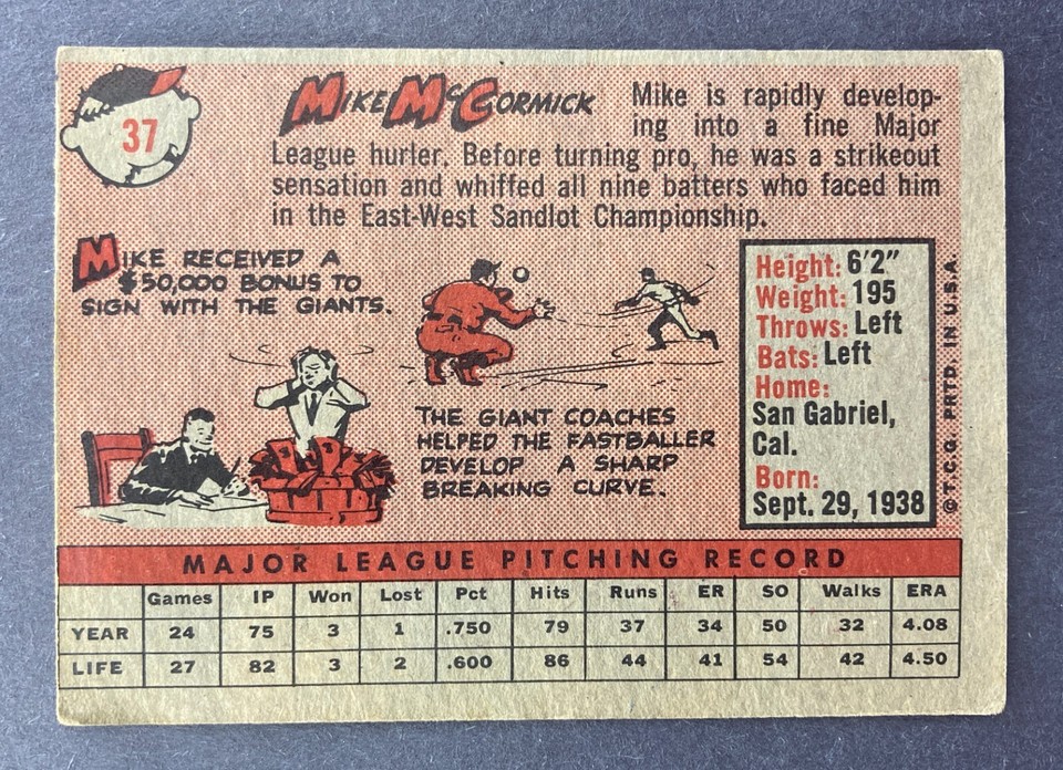 1958 Topps #37 Mike McCormick RC (San Francisco Giants) ROOKIE! (A) | eBay