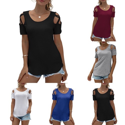 Women's Soild Color Short Sleeve T Shirt Hollow Out Top Wine Red S 2XL ...