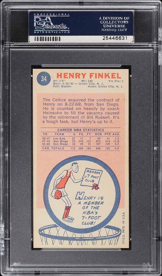 1969 Topps BkB Card # 34 Henry Finkel Boston Celtics ROOKIE RC PSA 8 NM ...